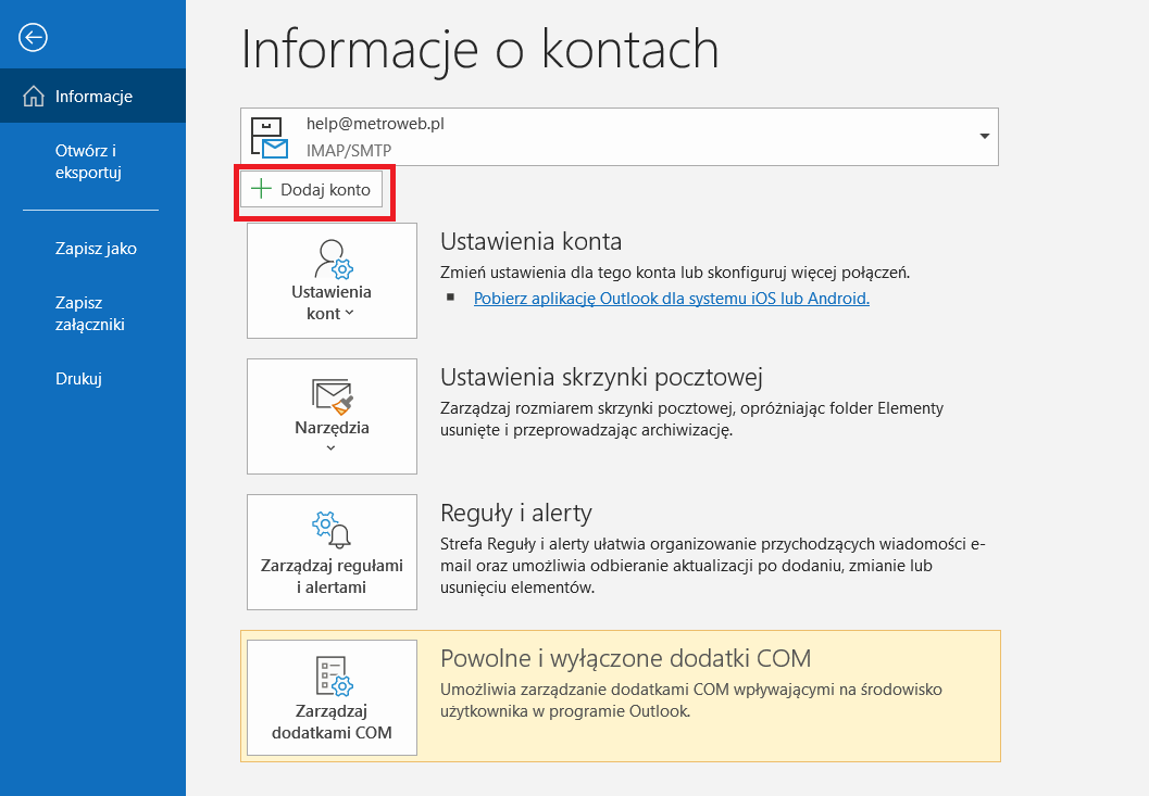 Konfiguracja poczty w Outlook - MetroWeb